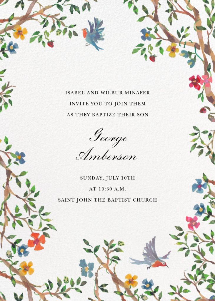 Birds on Bowers - Baptism & Christening Invitation | Send online ...