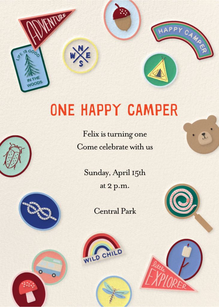Camp Badges - Birthday Invitation | Send online instantly | RSVP tracking