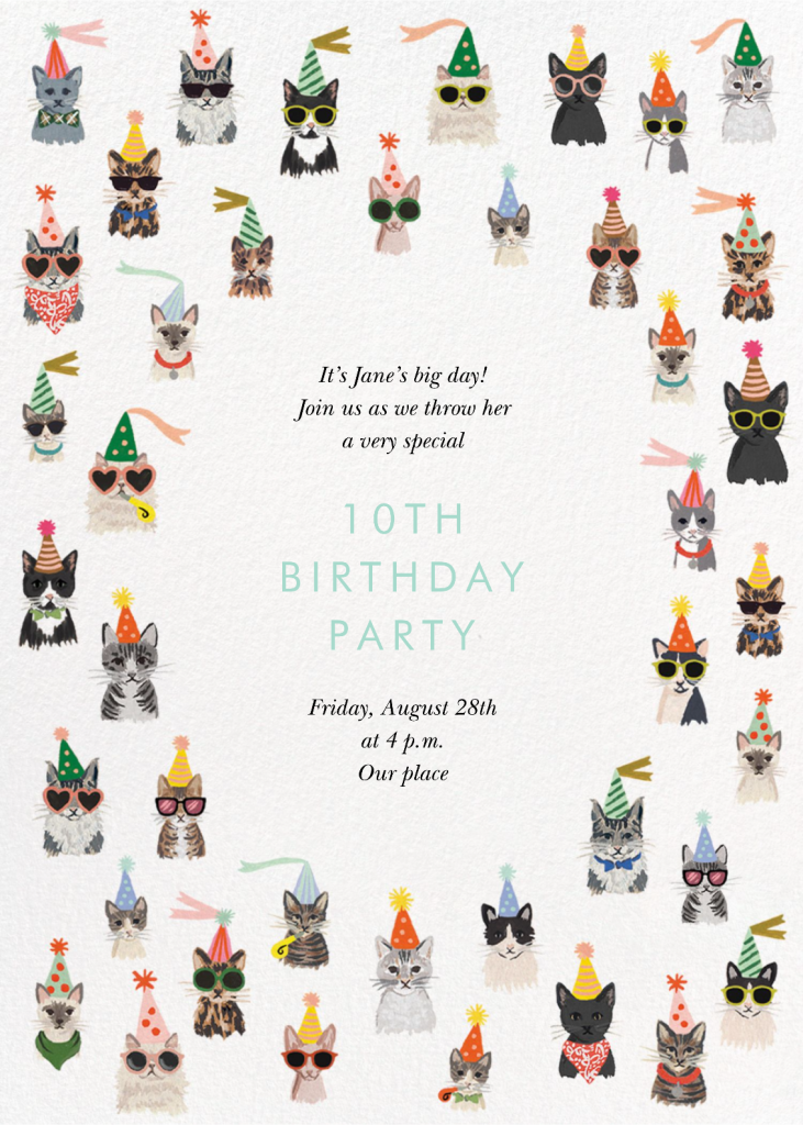 Cat Themed Birthday Party Invitations